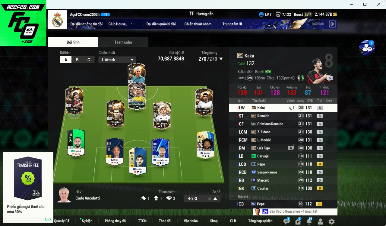 Acc #82172: Real Madrid 70.680b có Ronaldo BDO, CR7 GRU, Zidane BDO ...