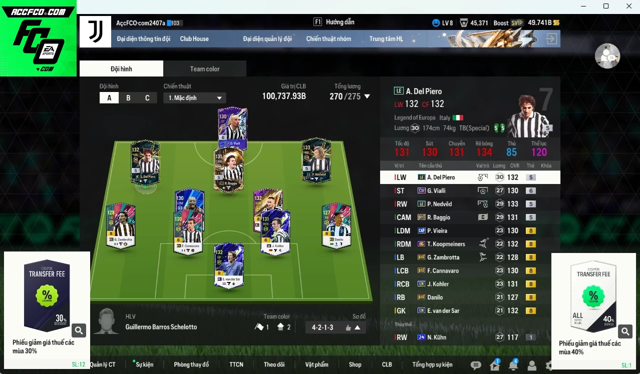 Acc #102849: [ACC HSSV] Juventus 100.730b có Nedved LE, Del Piero LE ...