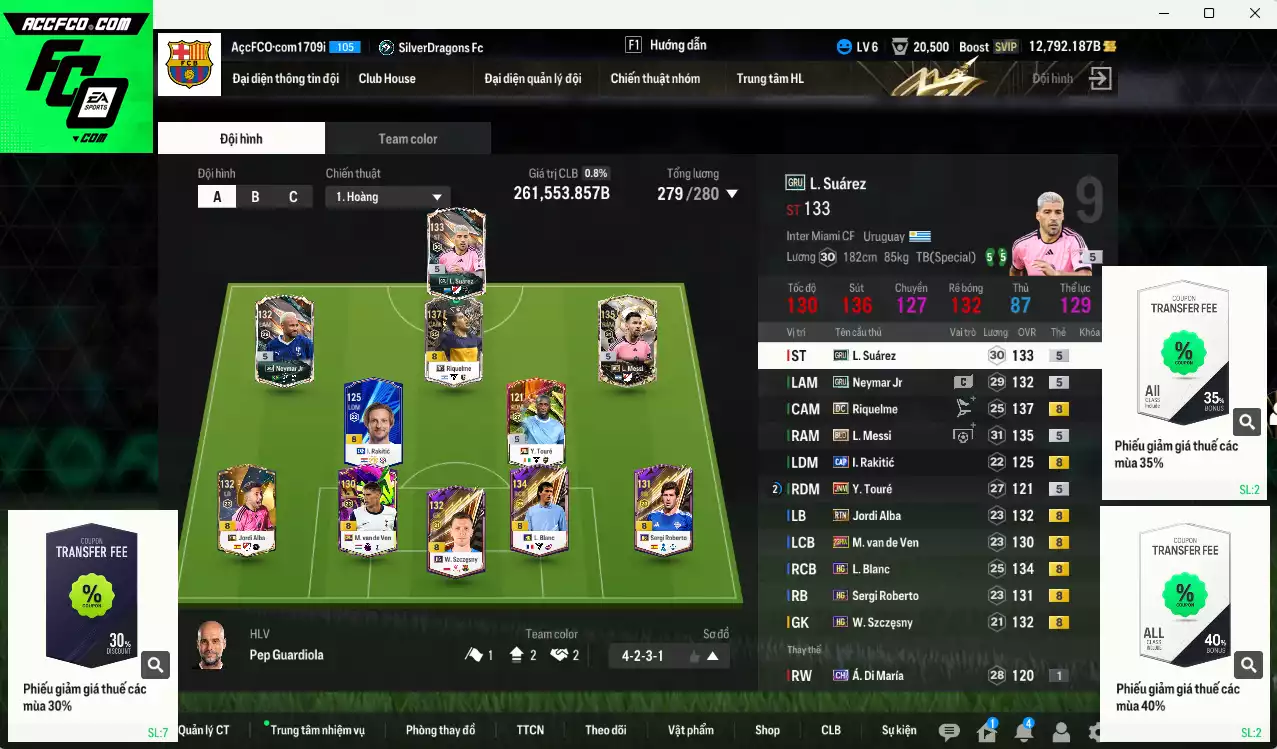 Acc #110026: Barcelona 261.550b dư 12.700b có Messi BLD, Neymar GRU ...